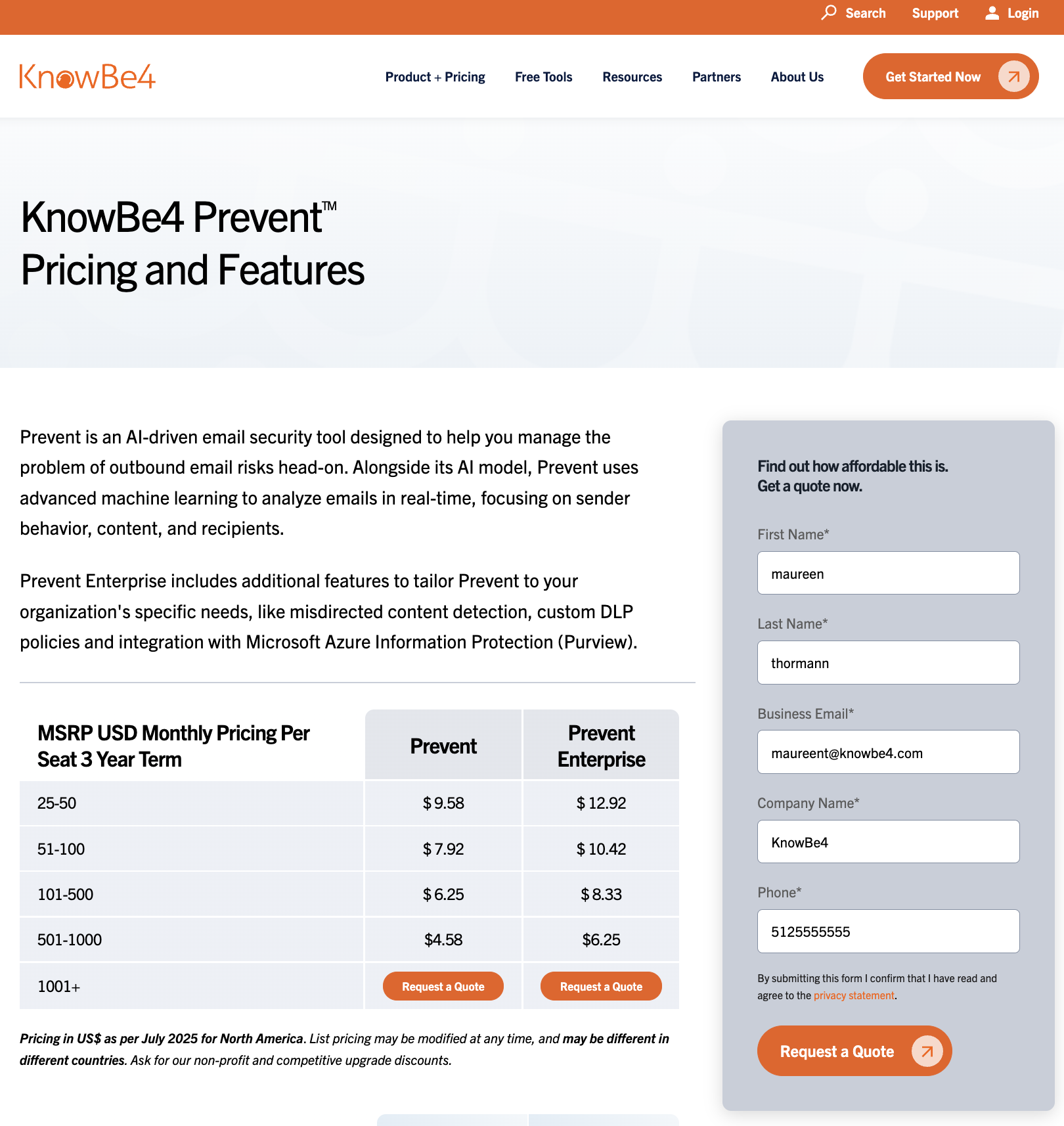 Pricing | Prevent | KnowBe4